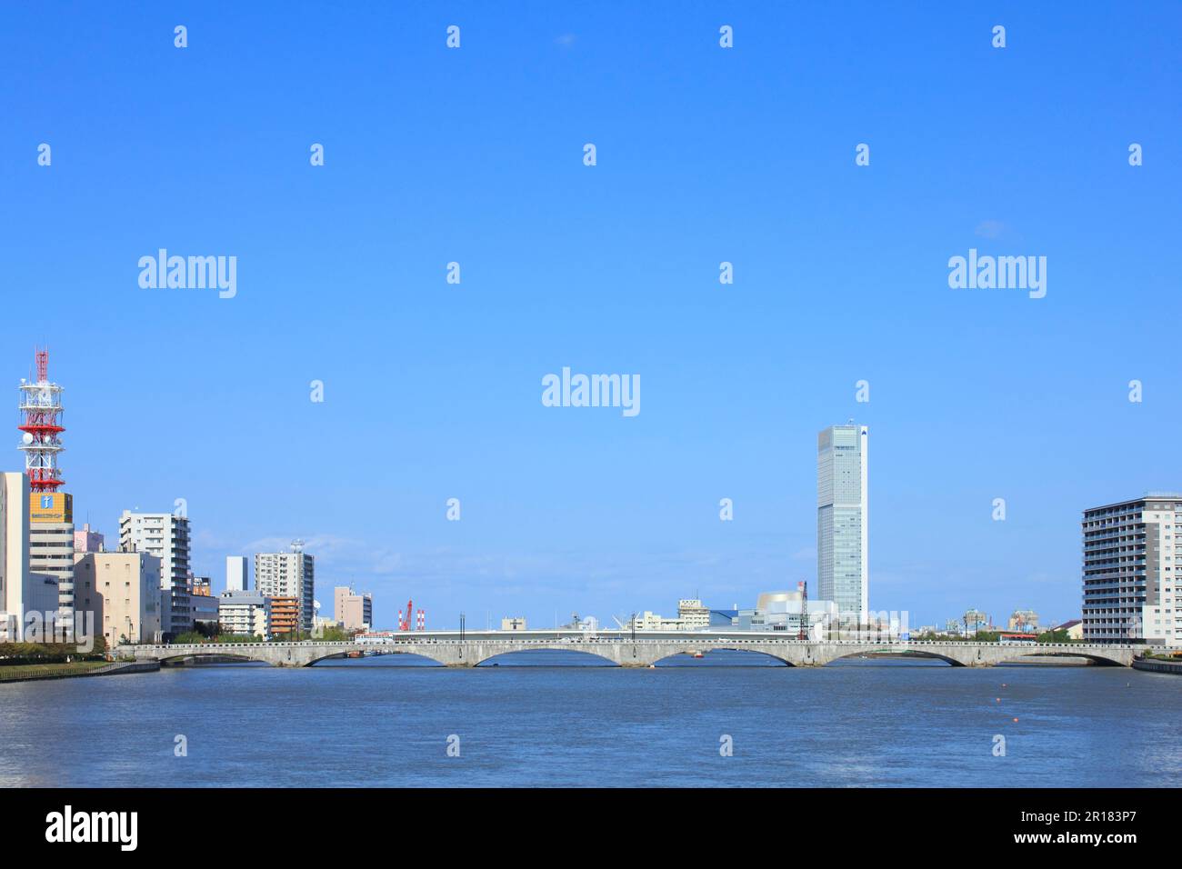 Toki Messe and Mandai Bridge spanning the Shinano River Stock Photo - Alamy