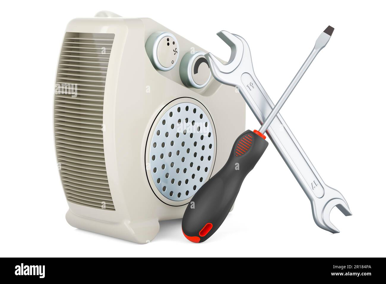 Fan heater with screwdriver and wrench. 3D rendering isolated on white ...