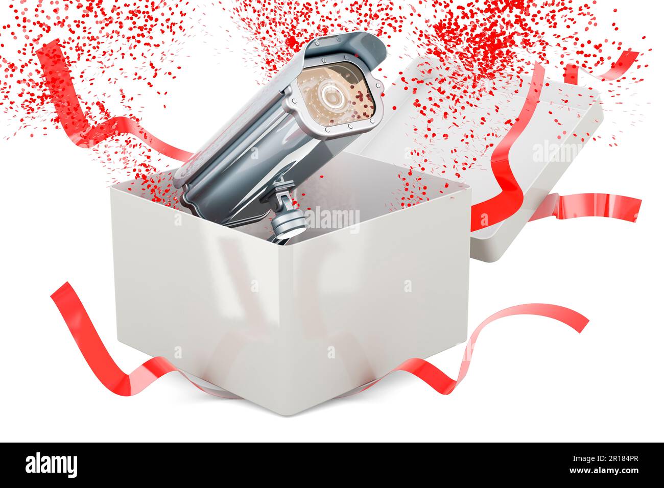 Security surveillance camera inside gift box, 3D rendering isolated on ...