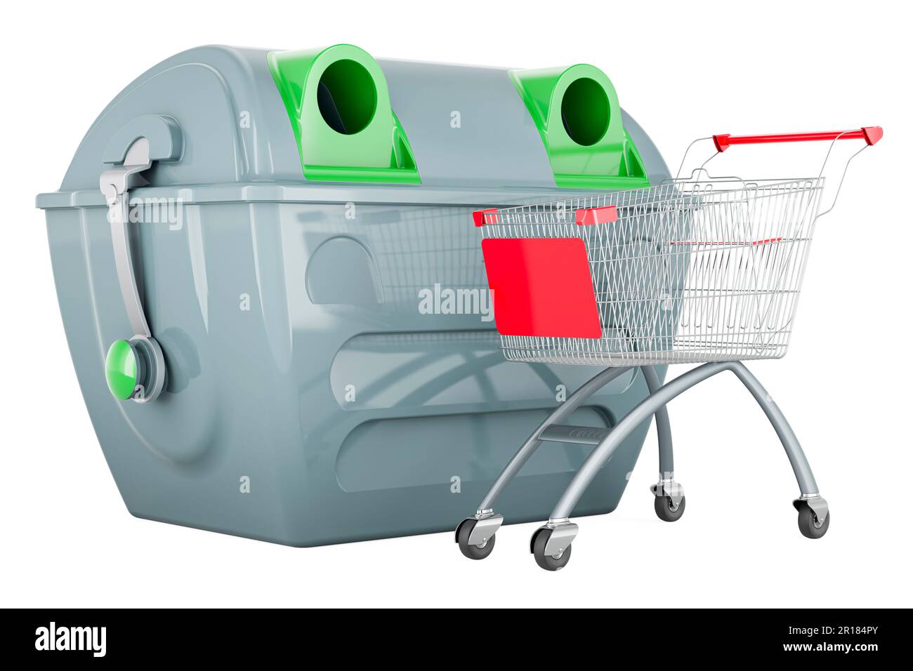 Gray garbage container with shopping cart. 3D rendering isolated on ...