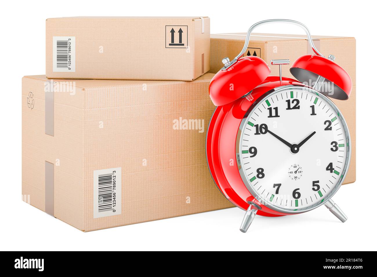 Shipping and logistics concept. Three parcels with alarm clock, 3D rendering isolated on white ...