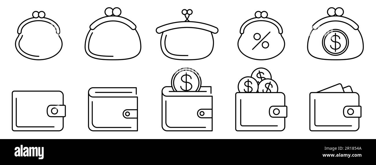 Wallet icon. Set of black linear icons of wallets on white background ...