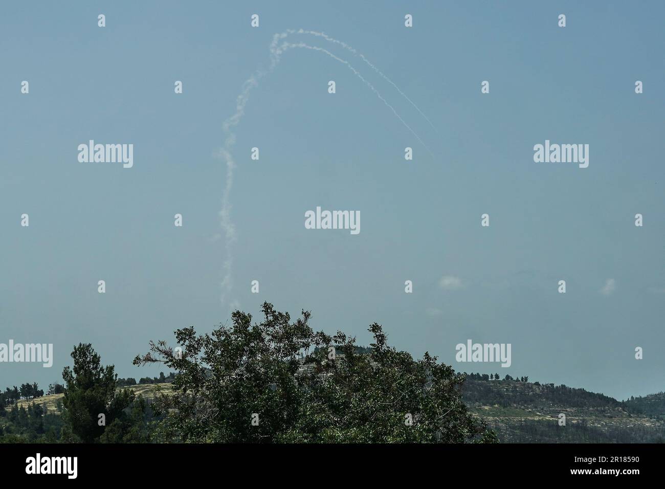Judean Hills, Israel. 12th May, 2023. A pair of IDF Iron Dome missiles ...