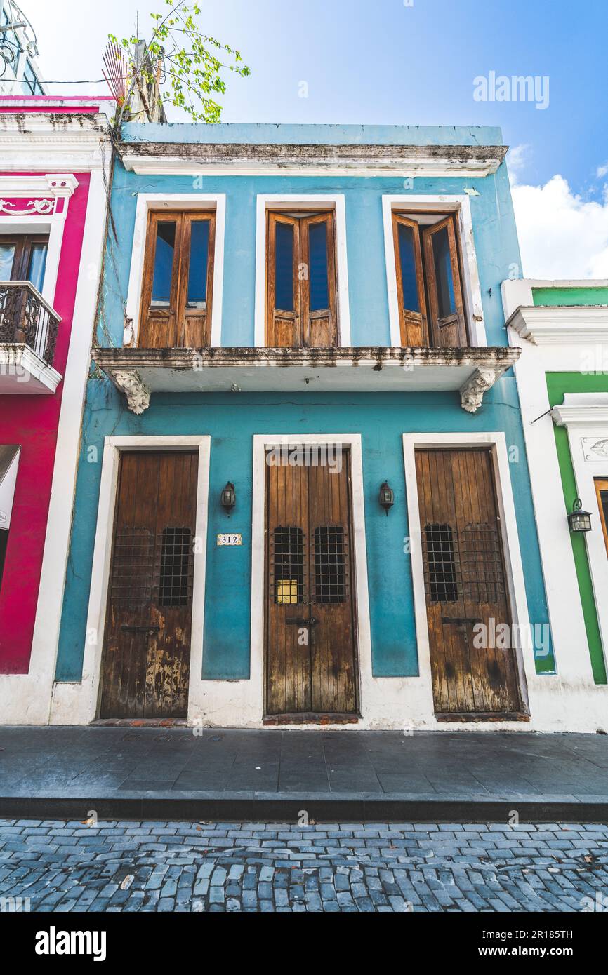 colorful historic buildings and wooden doors Old San Juan, Puerto Rico ...