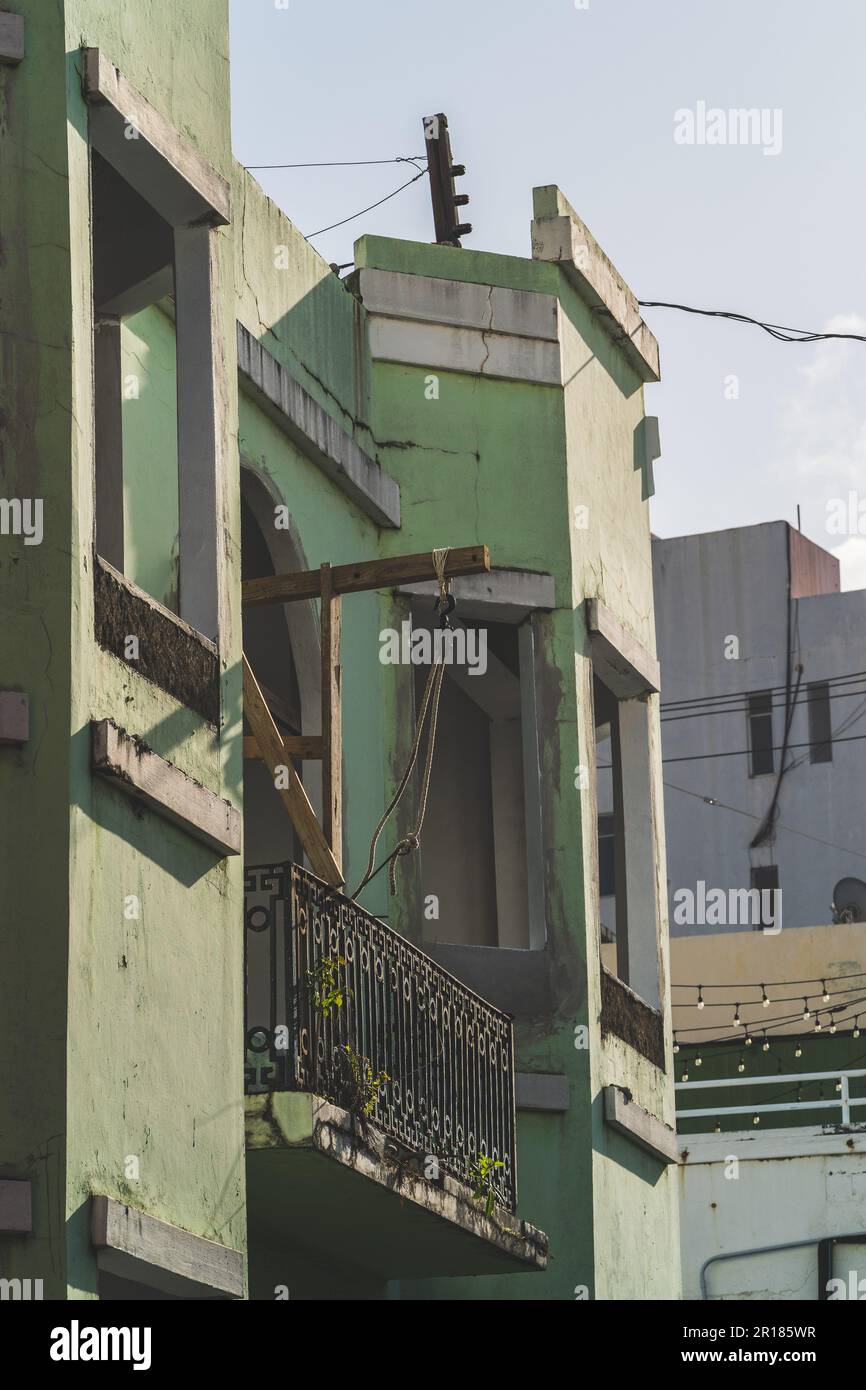 Wooden hoist on balcony of old historic building in Puerto Rico Stock ...