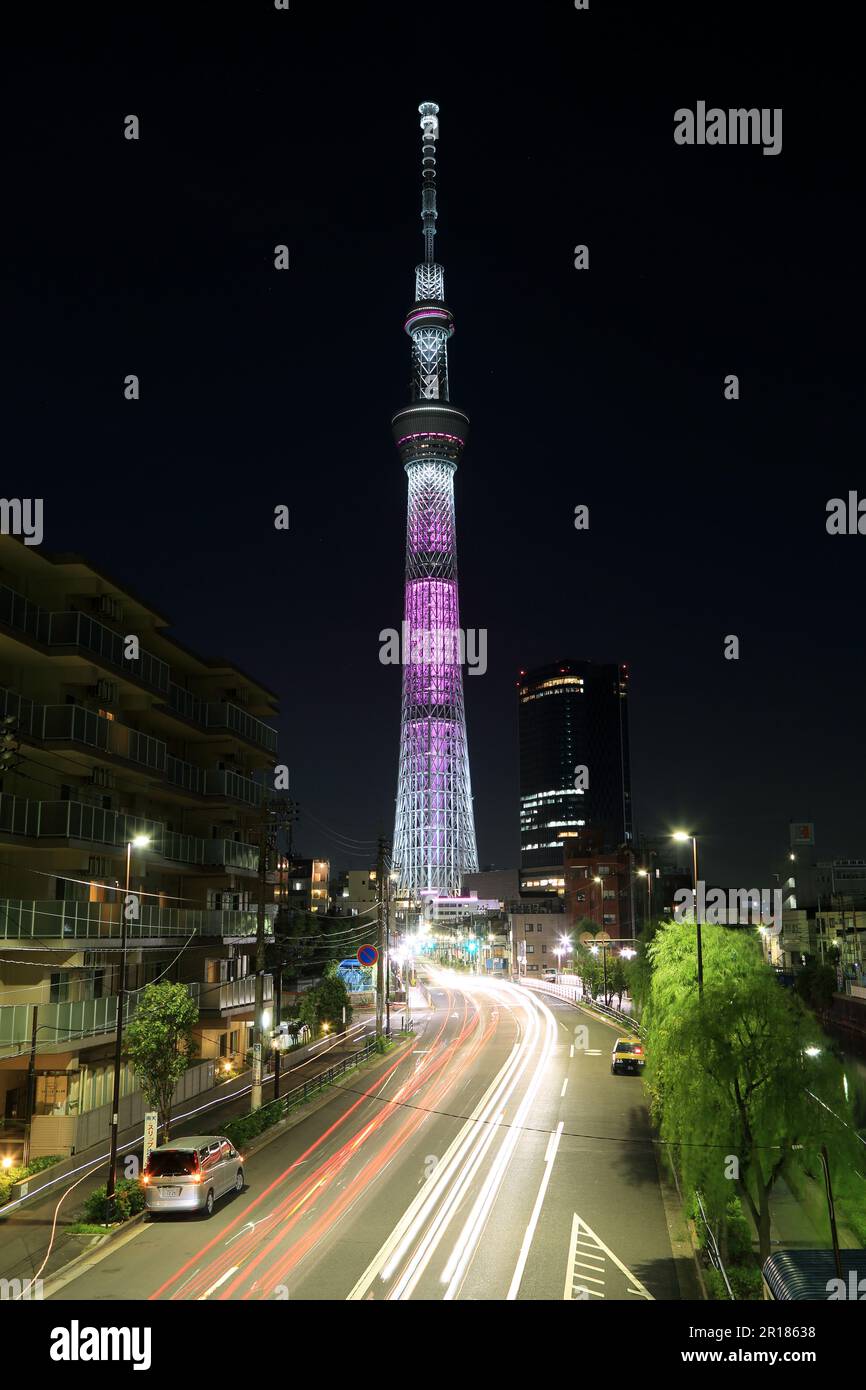 Tokyo Sky Tree was lit up in pink overlooking than Yanagijima ...