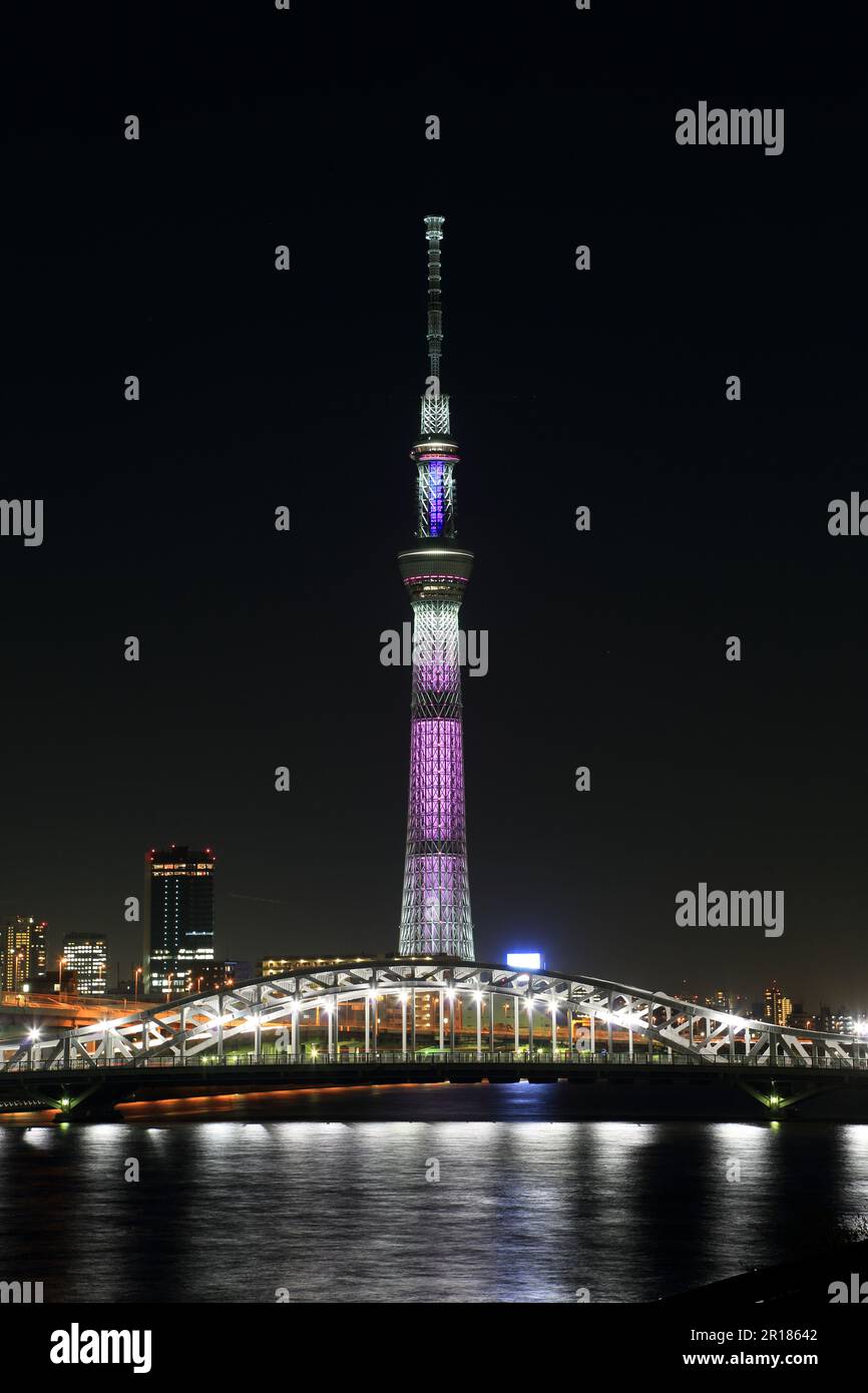 Tokyo Sky Tree was lit up in pink with views from Minami-Senju Stock ...