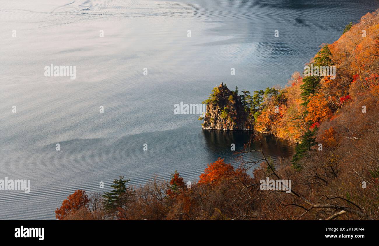 Aerial view magnificent Lake Towada in autumn season, in Towada ...