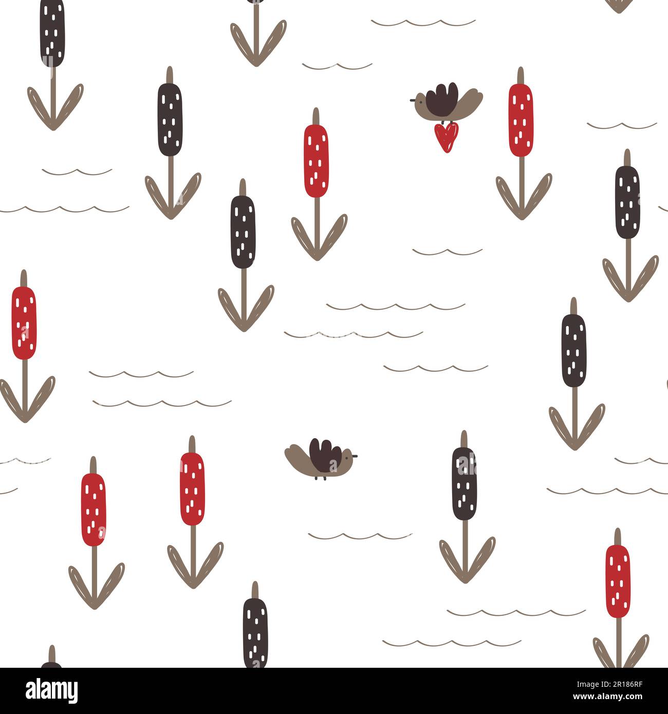 Reed, Cattail, Cane Doodle hand drawn Seamless Pattern in Scandinavian ...