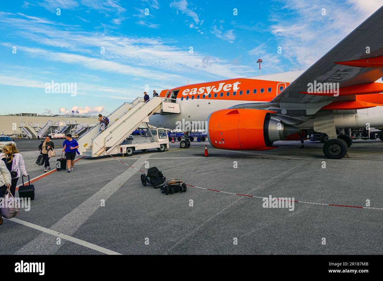 Easyjet, airline, aeroplane, orange, Airbus seen in rainy weather at ...