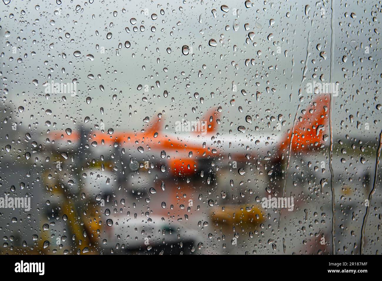 Easyjet, airline, aeroplane, orange, Airbus seen in rainy weather at ...