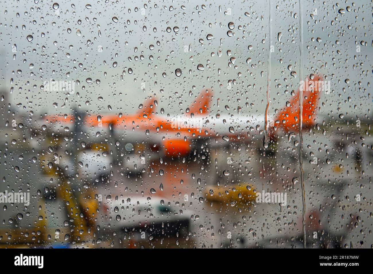 Easyjet, airline, aeroplane, orange, Airbus seen in rainy weather at ...