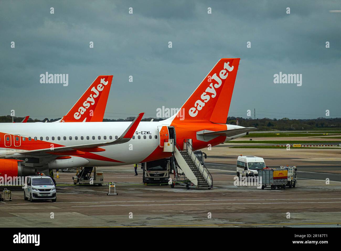 Easyjet, airline, aeroplane, orange, Airbus seen in rainy weather at ...