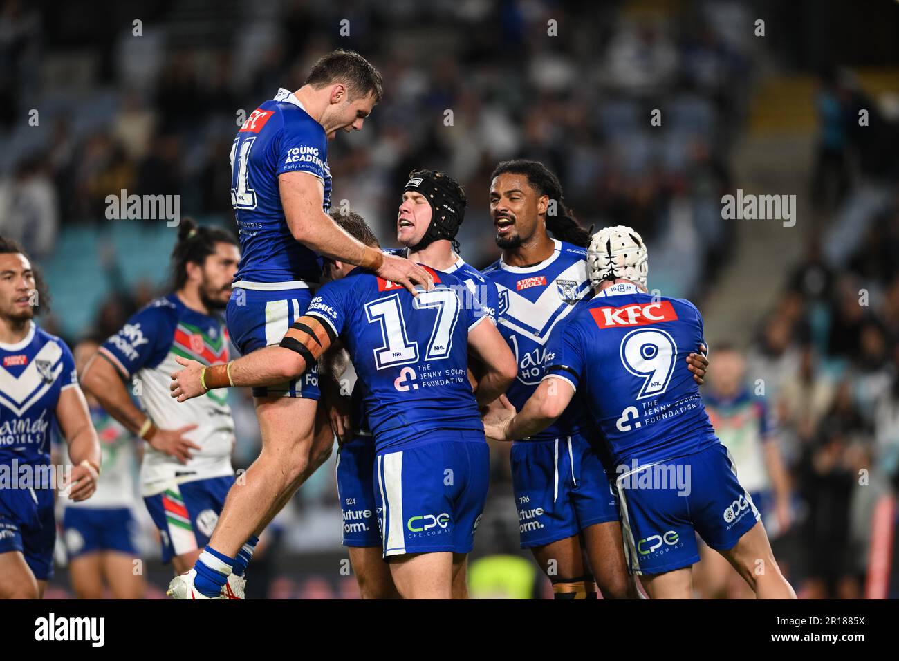 Bulldogs celebrate the try of Harrison Edward during the NRL Round 11 ...