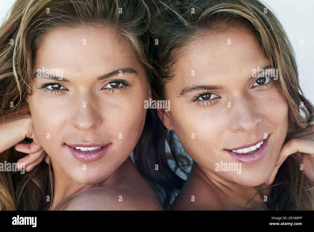 Portrait, beauty and women or twins skincare, face or family smile and happy sisters together ...