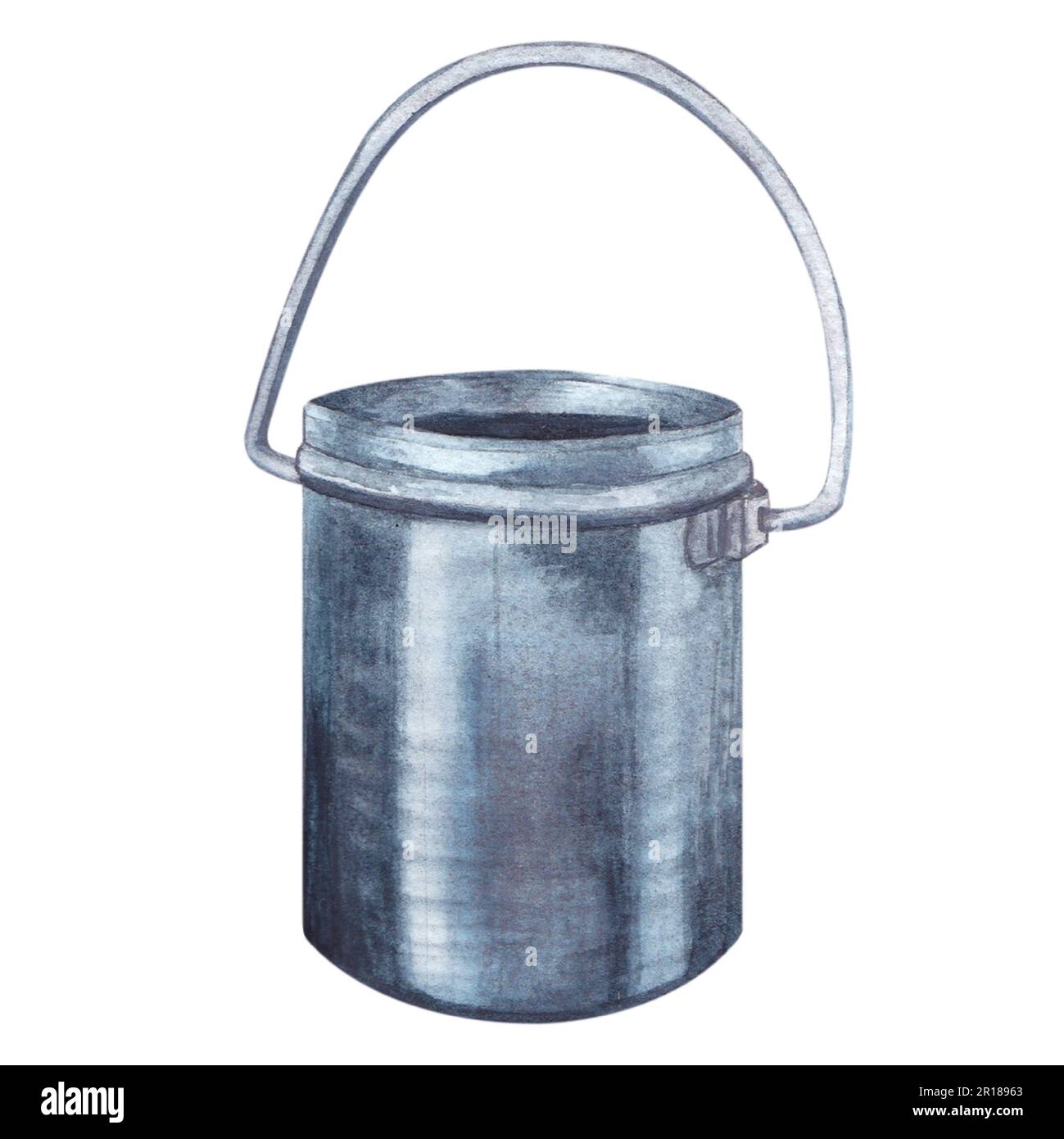 Watercolor illustration of metallic mug for camping on a white ...