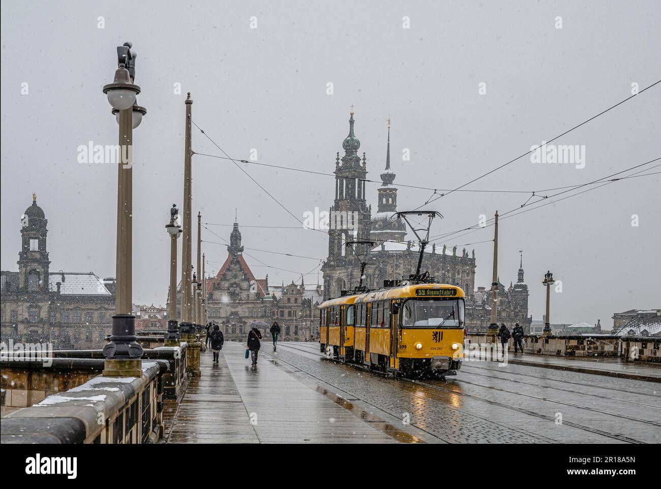 Historic Tatra Tram on the Augustus Bridge of Dresden in winter, Saxony ...