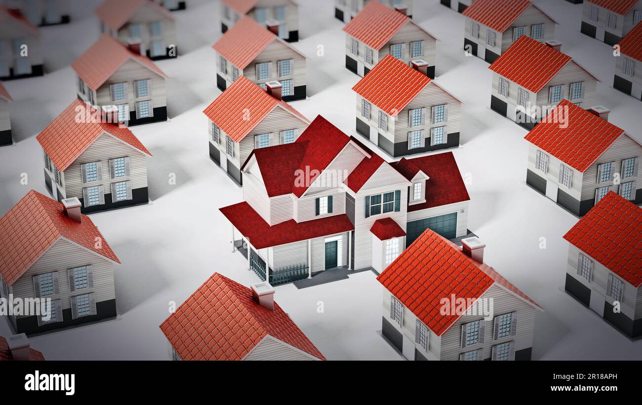 Luxury estate standing out against many regular houses. 3D illustration ...