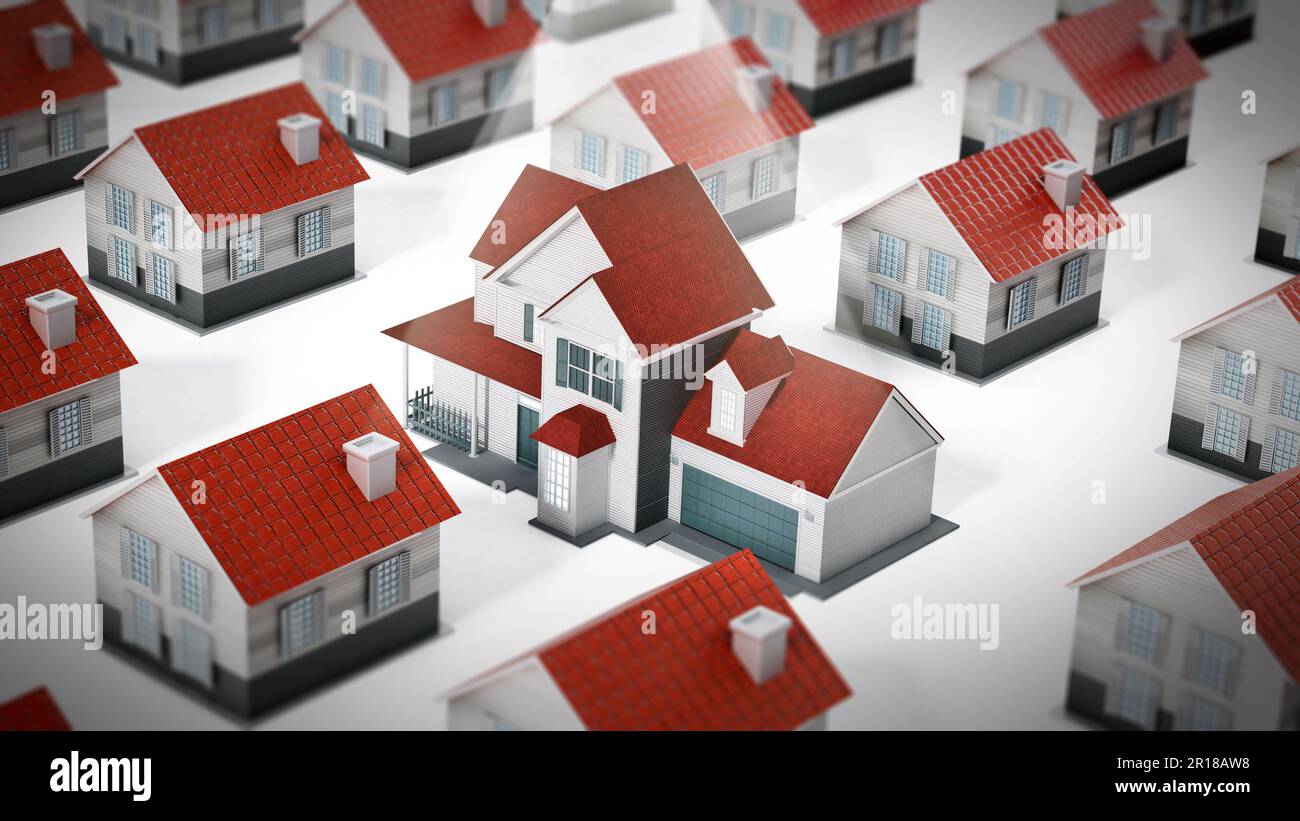 Luxury estate standing out against many regular houses. 3D illustration ...