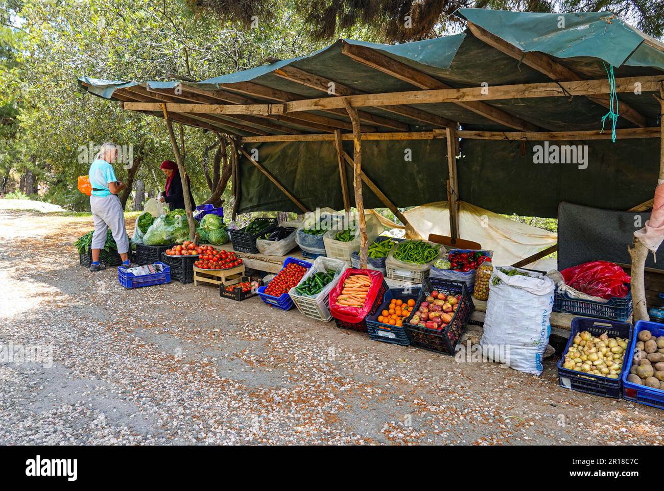 Roadside fruit and vegetable stalls Geyikbayiri, Taurus Mountains, near ...