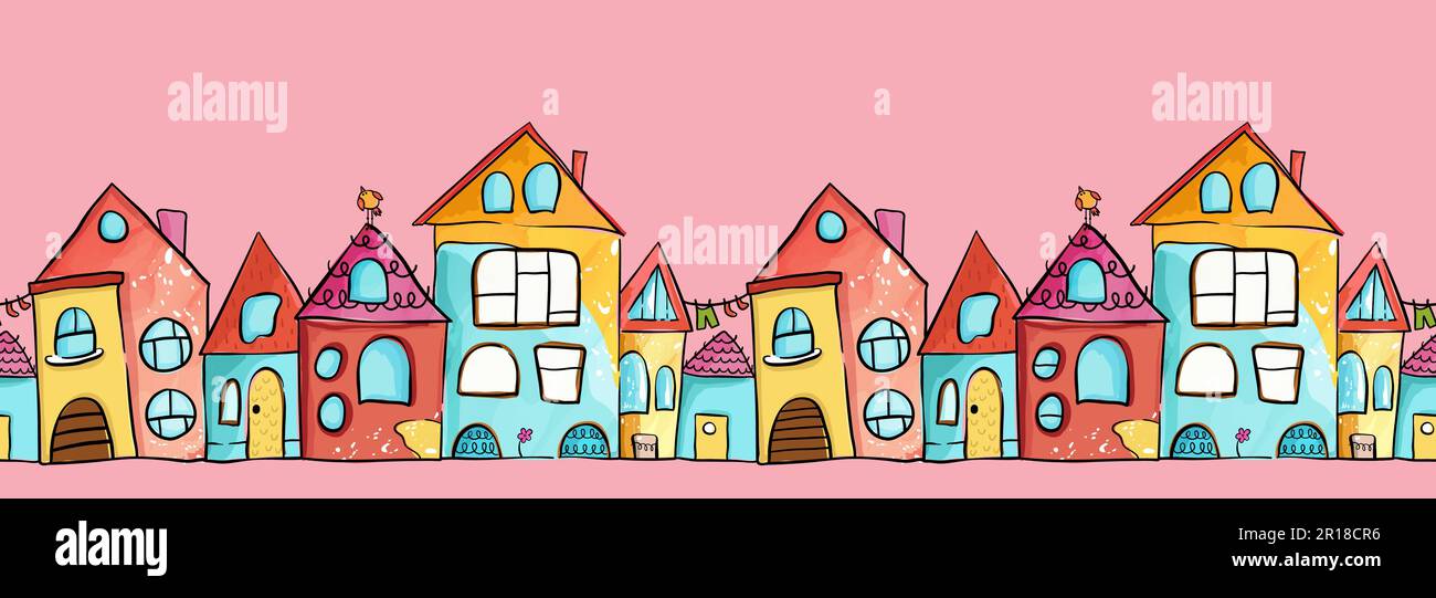 Vector seamless pattern with fun hand drawn houses, colorful background ...