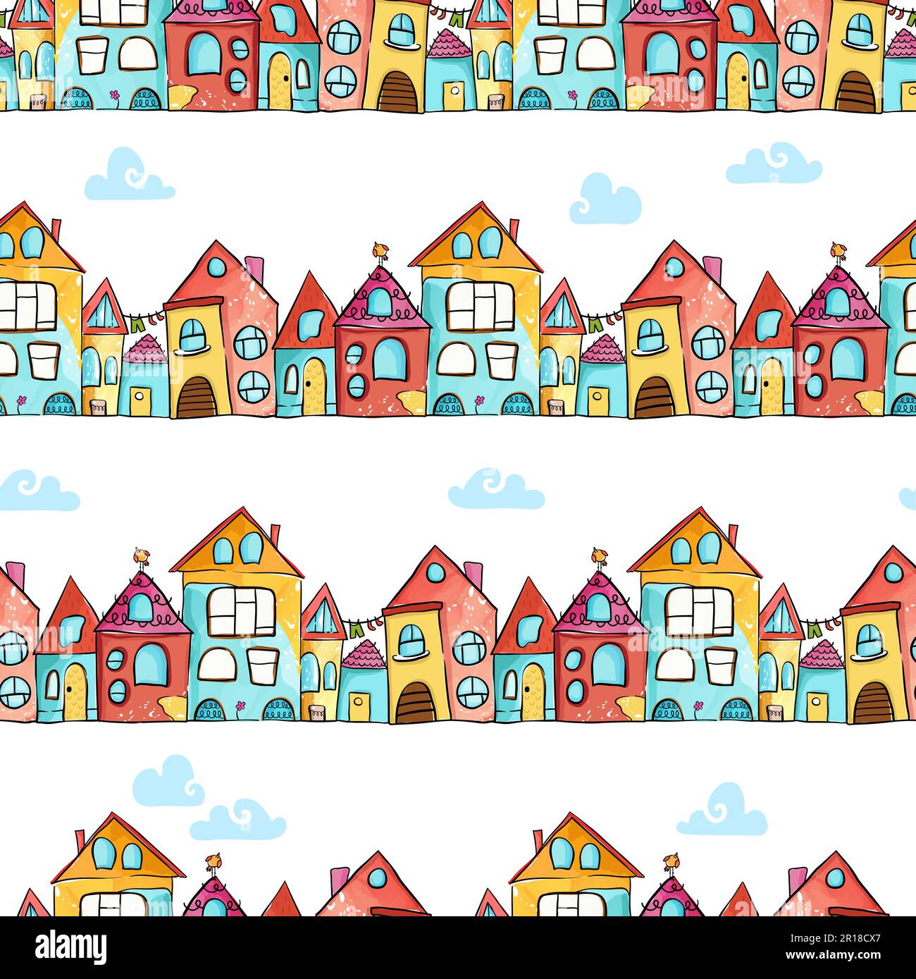 Vector seamless pattern with fun hand drawn houses, colorful background ...