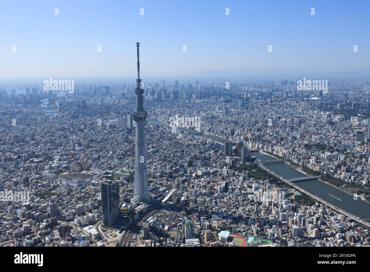 Aerial shot of the Tokyo Sky Tree from the northeast towards central ...