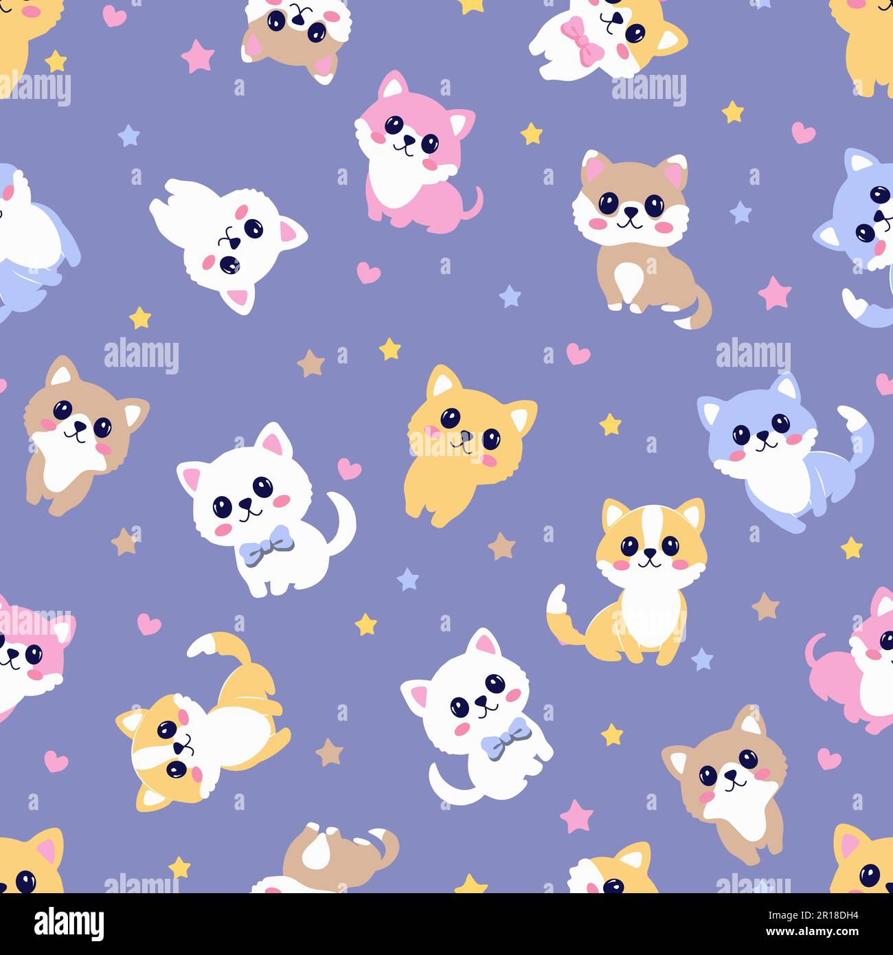 Cute kawaii puppies, hearts, stars, crowns. Seamless pattern for children. Vector image Stock ...