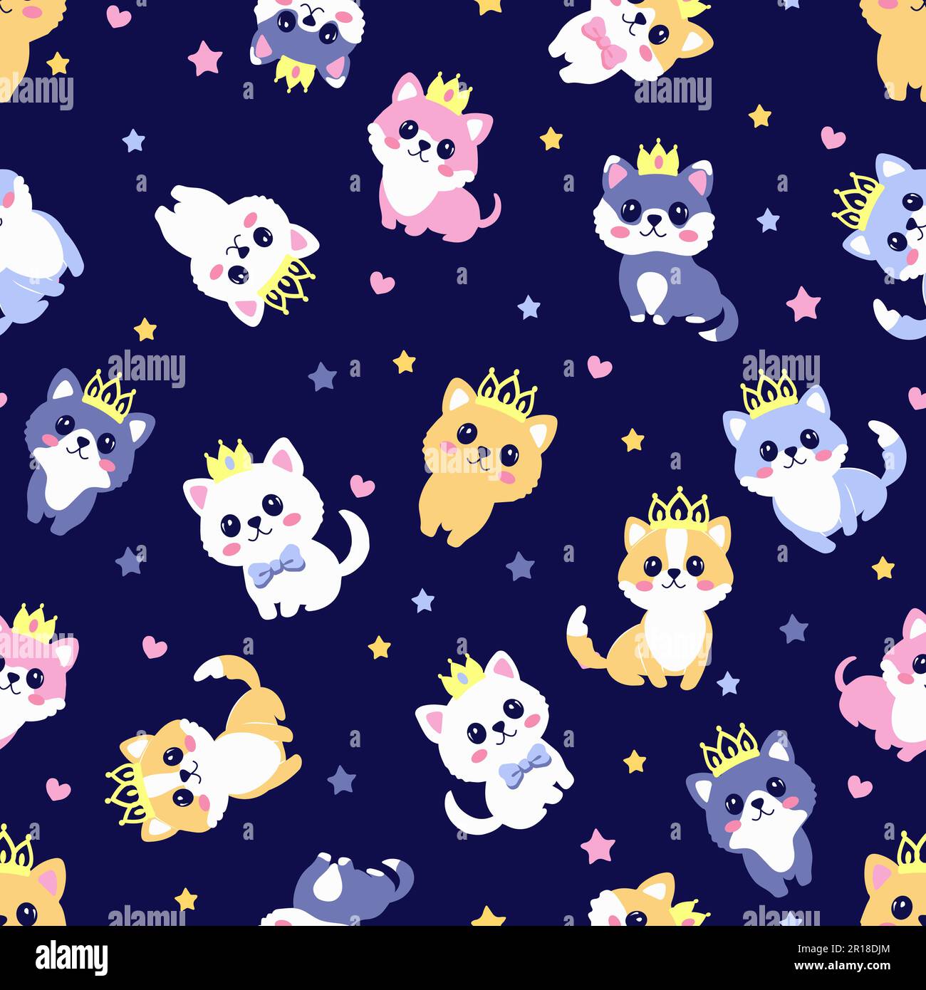 Cute kawaii puppies in crowns, hearts, stars, crowns. Seamless pattern for children. Vector ...