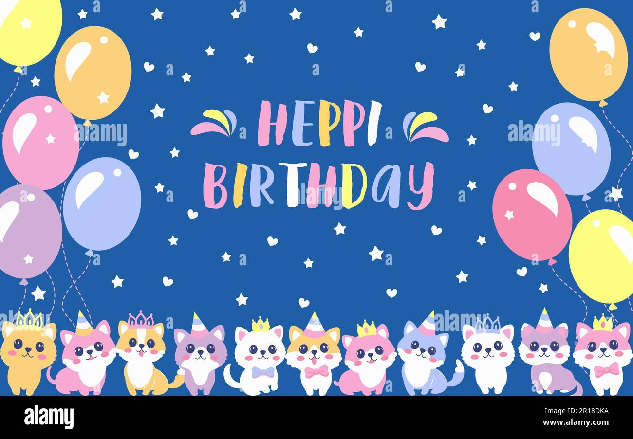 Cute puppies and kittens in crowns and caps with balloons, stars and hearts. Festive background ...