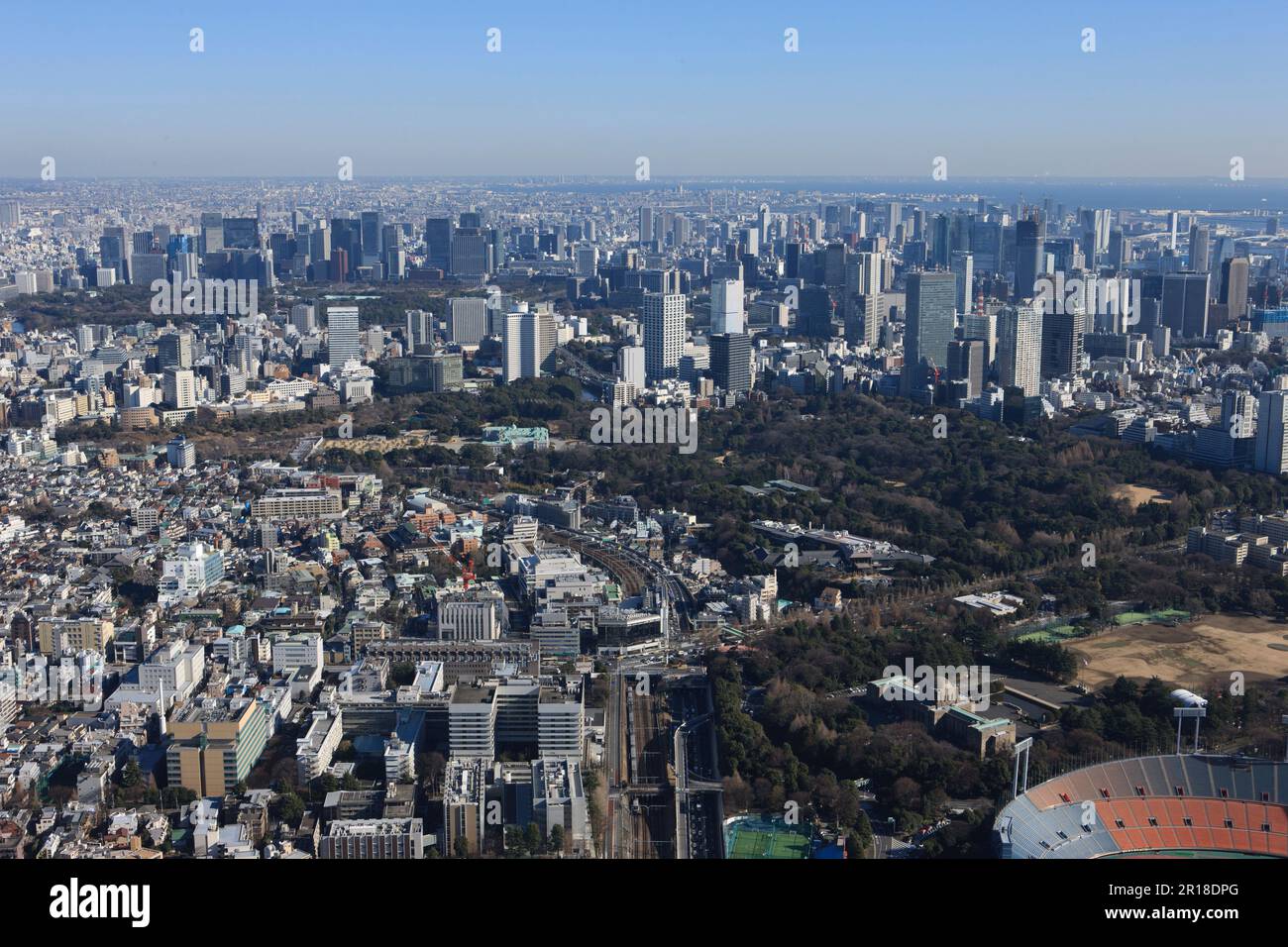 Shinanomachi station aerial shot from the West Akasaka imperial gardens ...