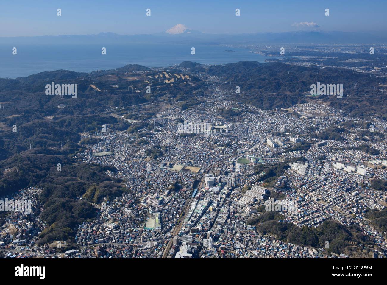Kinugasa station aerial shot from the East Mt. Fuji, Enoshima area ...