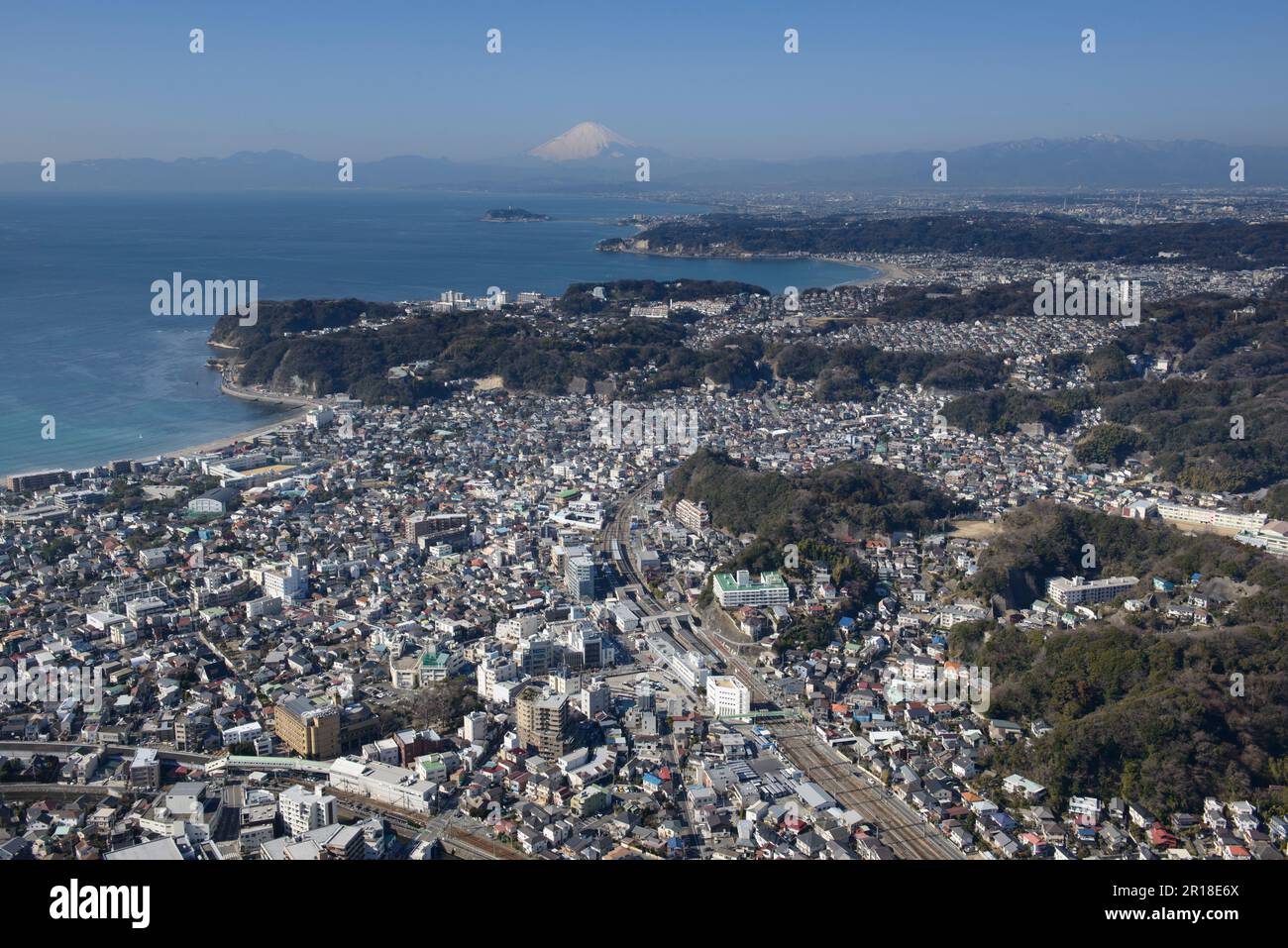 Zushi station aerial shot from the East Mt. Fuji, Enoshima area Stock ...