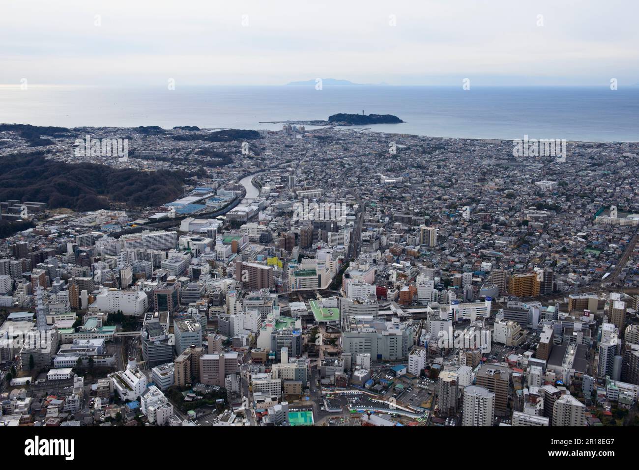 Fujisawa station aerial shot from the North towards Enoshima direction ...