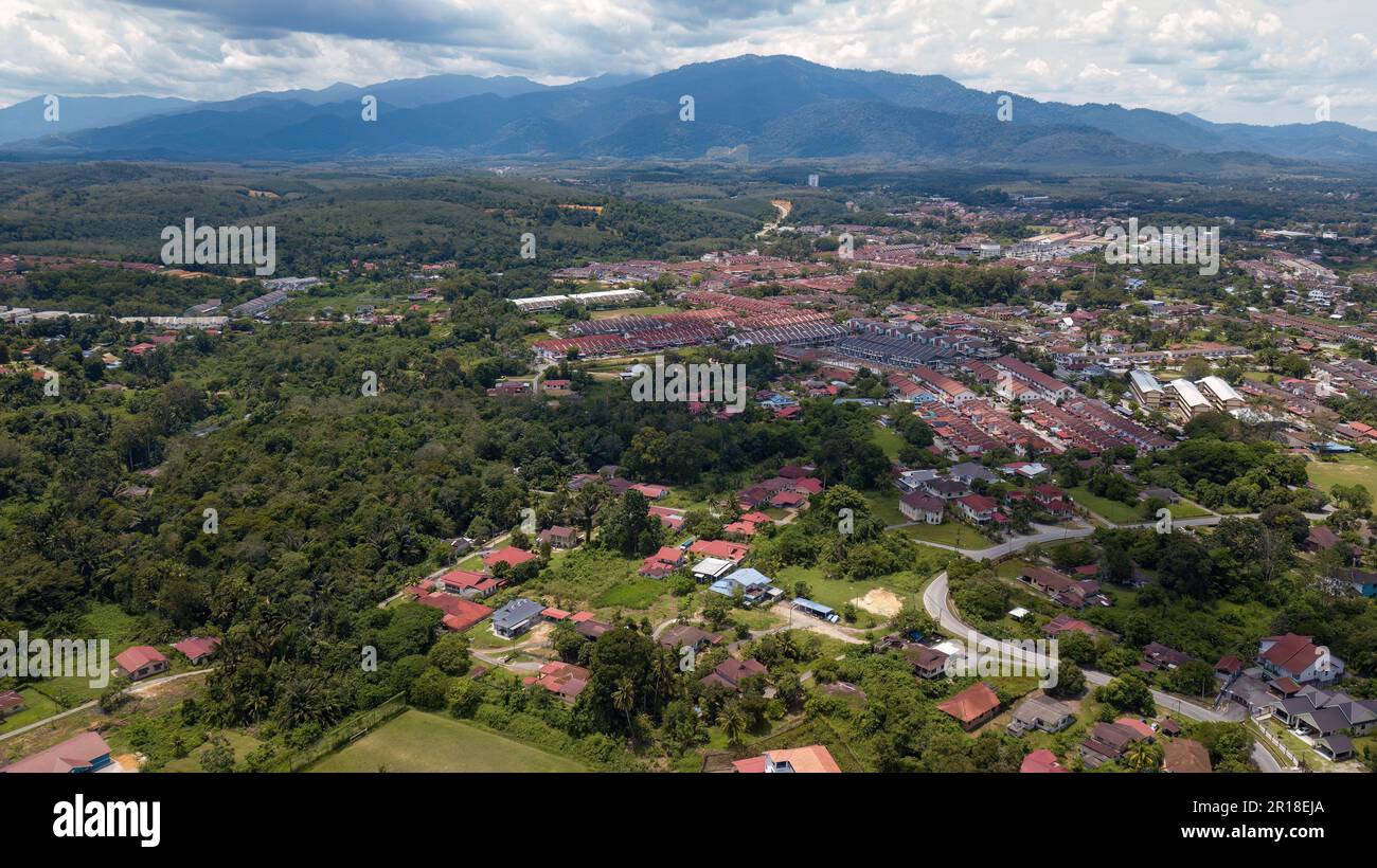 An aerial view of Kuala Kangsar town near the mountains in Malaysia ...