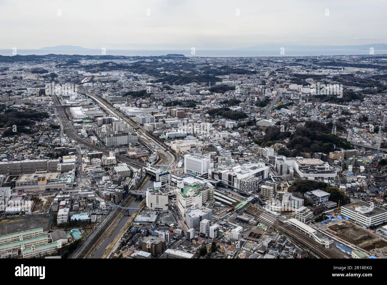 Totsuka station aerial shot from the northeast side towards Enoshima ...