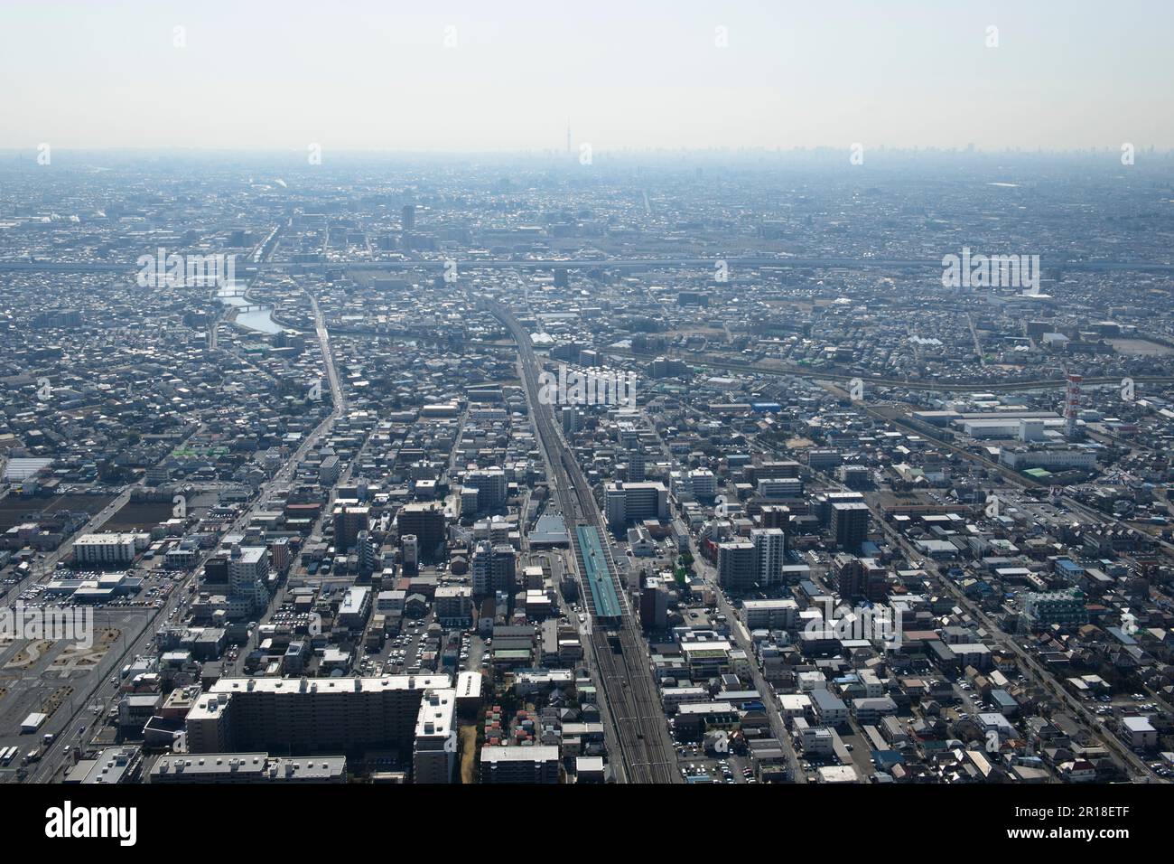 Gamo station aerial shot view from the North side towards the sky tree ...