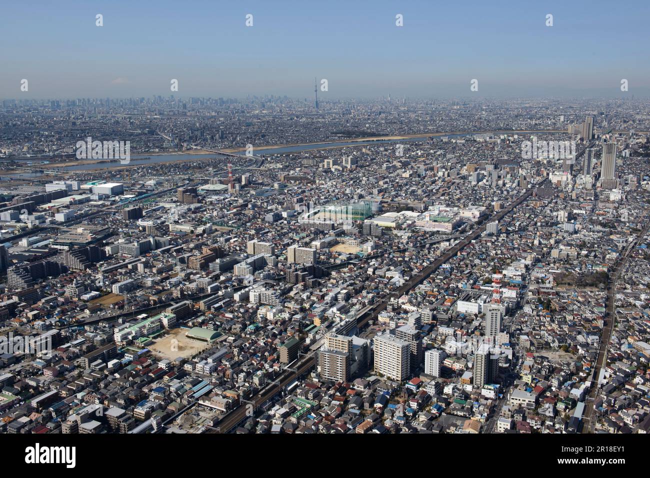 Shimousa Nakayama station aerial shot from the East side towards the sky tree tower direction ...