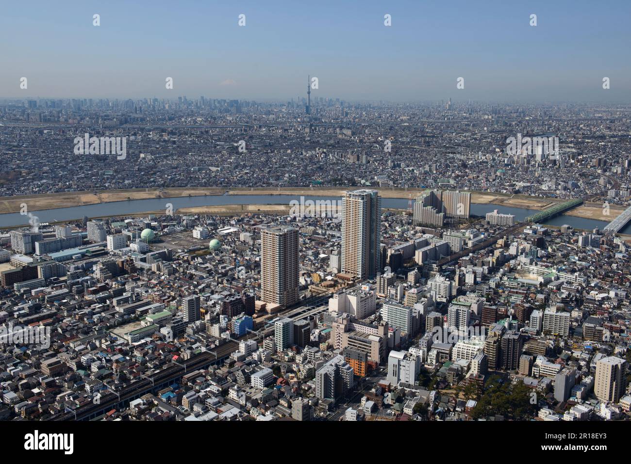 Ichikawa station aerial shot from the East side towards the Sky tree ...