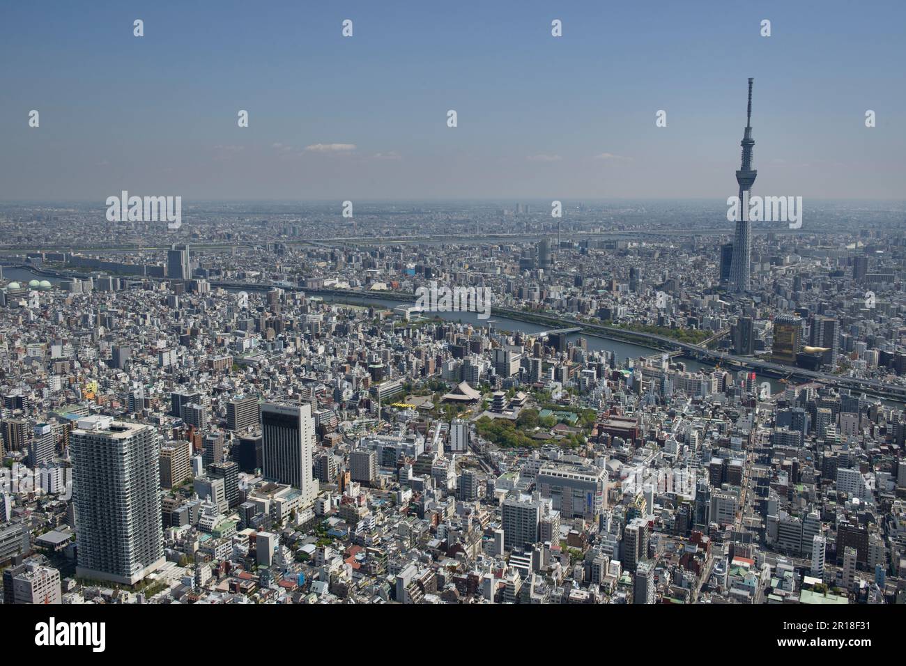 Asakusa Station (Tsukuba Express) aerial shot from the West side ...