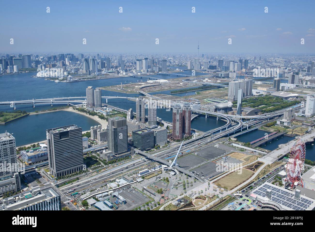 Tokyo teleport station aerial shot from the South side towards downtown ...