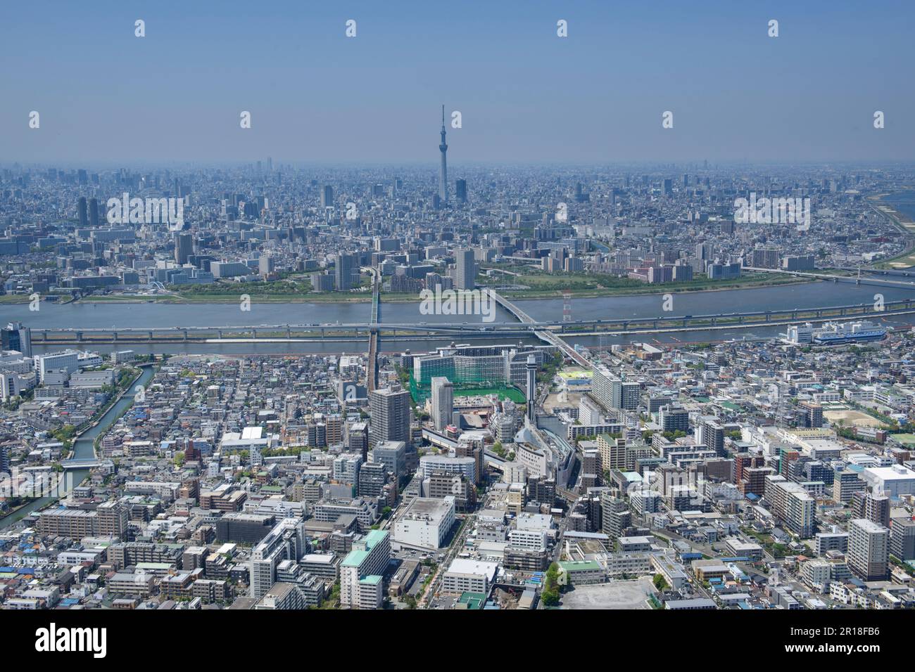 Aerial shot of funabori station from the southeast side towards sky ...