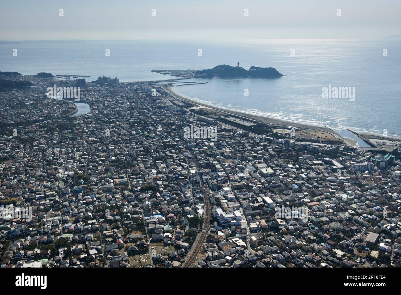 Aerial shot of Kugenuma-kaigan station from the northwest side towards ...