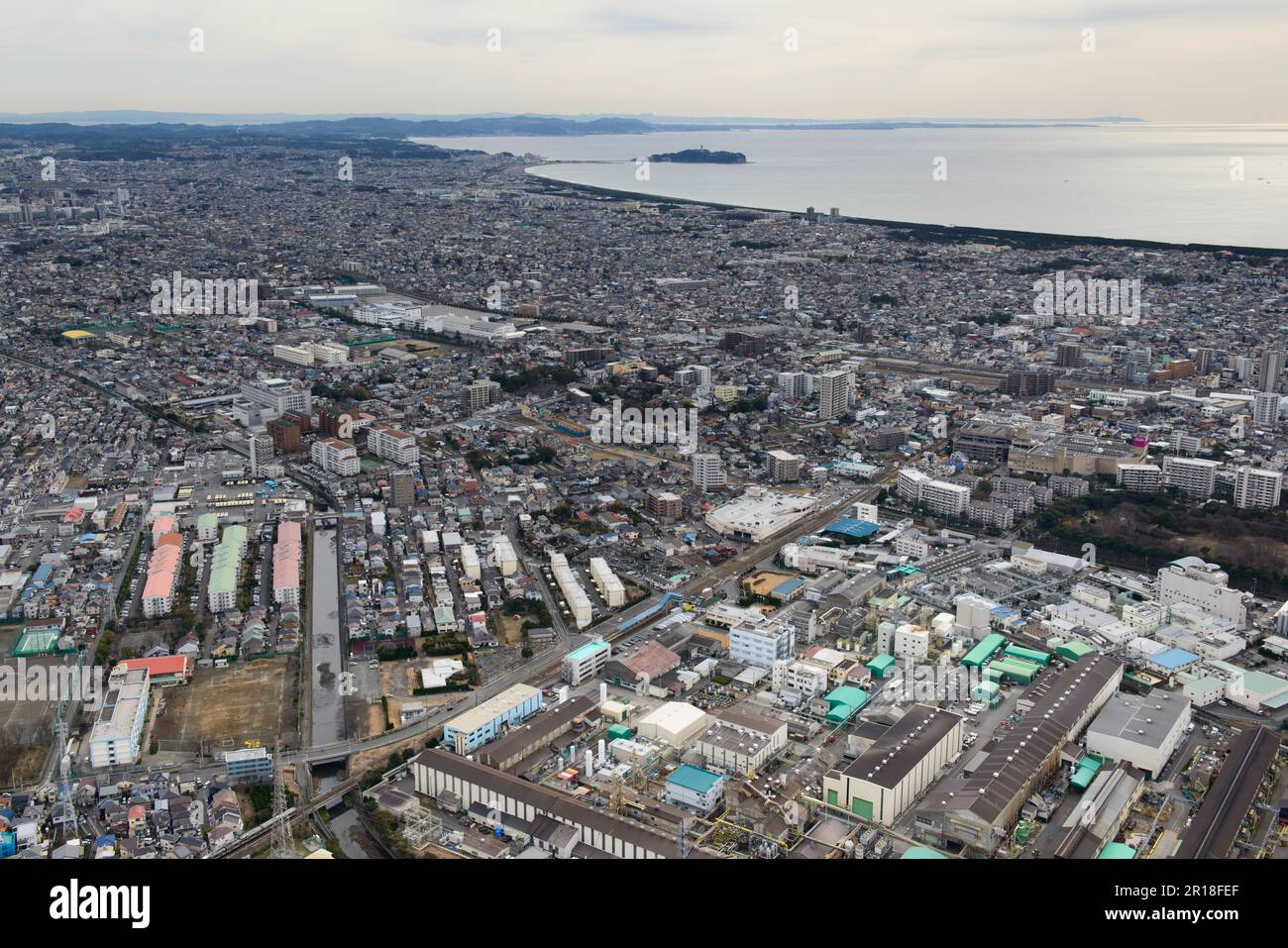 Kita Chigasaki station aerial shot from the Western side distant view ...