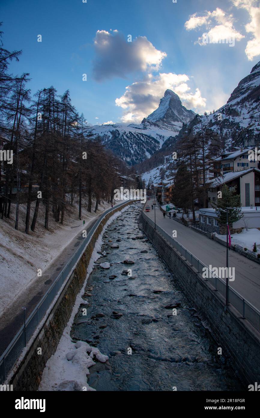 small river in zermatt with matterhorn in the distance Stock Photo - Alamy