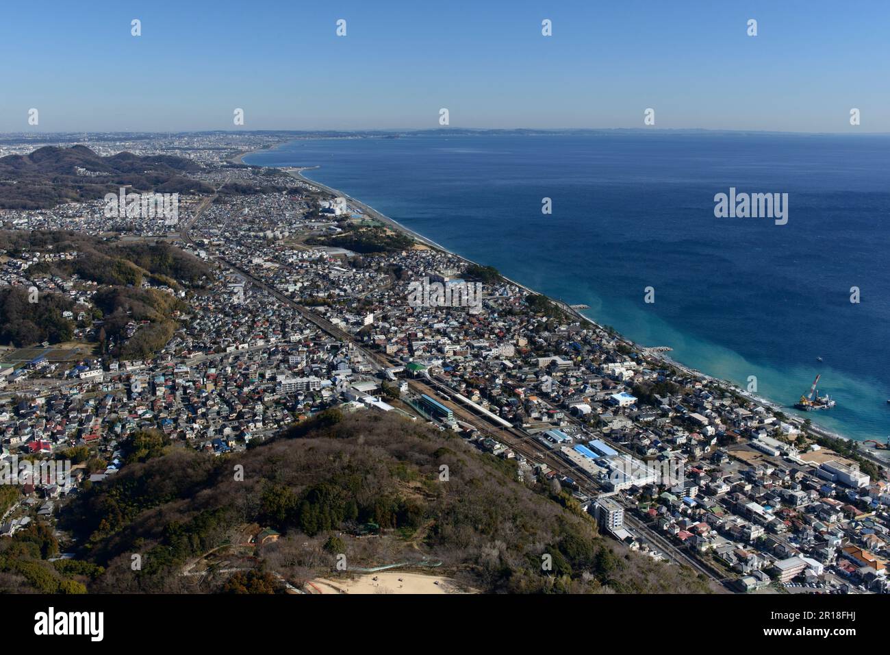 Ninomiya station aerial shot from the West side towards Enoshima ...
