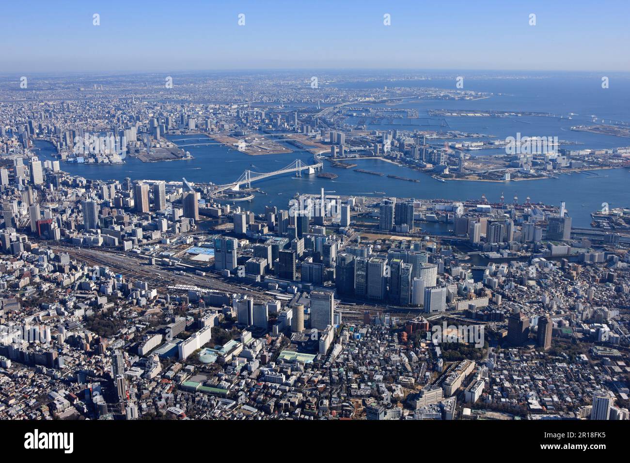 Shinagawa Station aerial shot from the West side towards Odaiba and ...