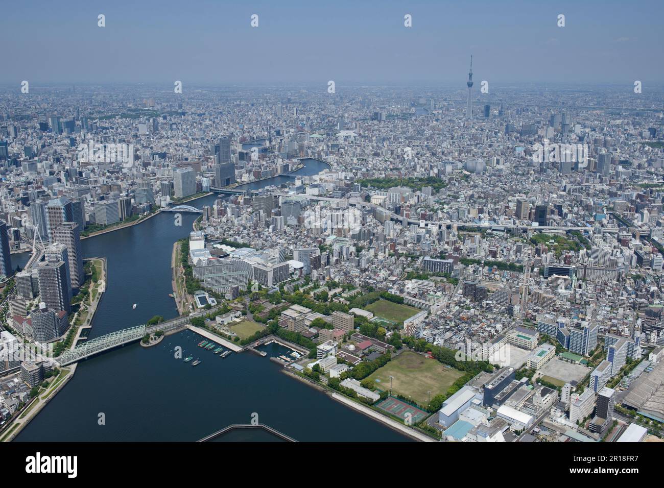Etchujima Station aerial shot view from the South side towards the sky ...