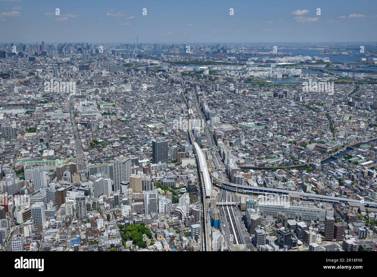 Keikyu kamata station aerial shot view from the southwest side towards the sky tree tower ...