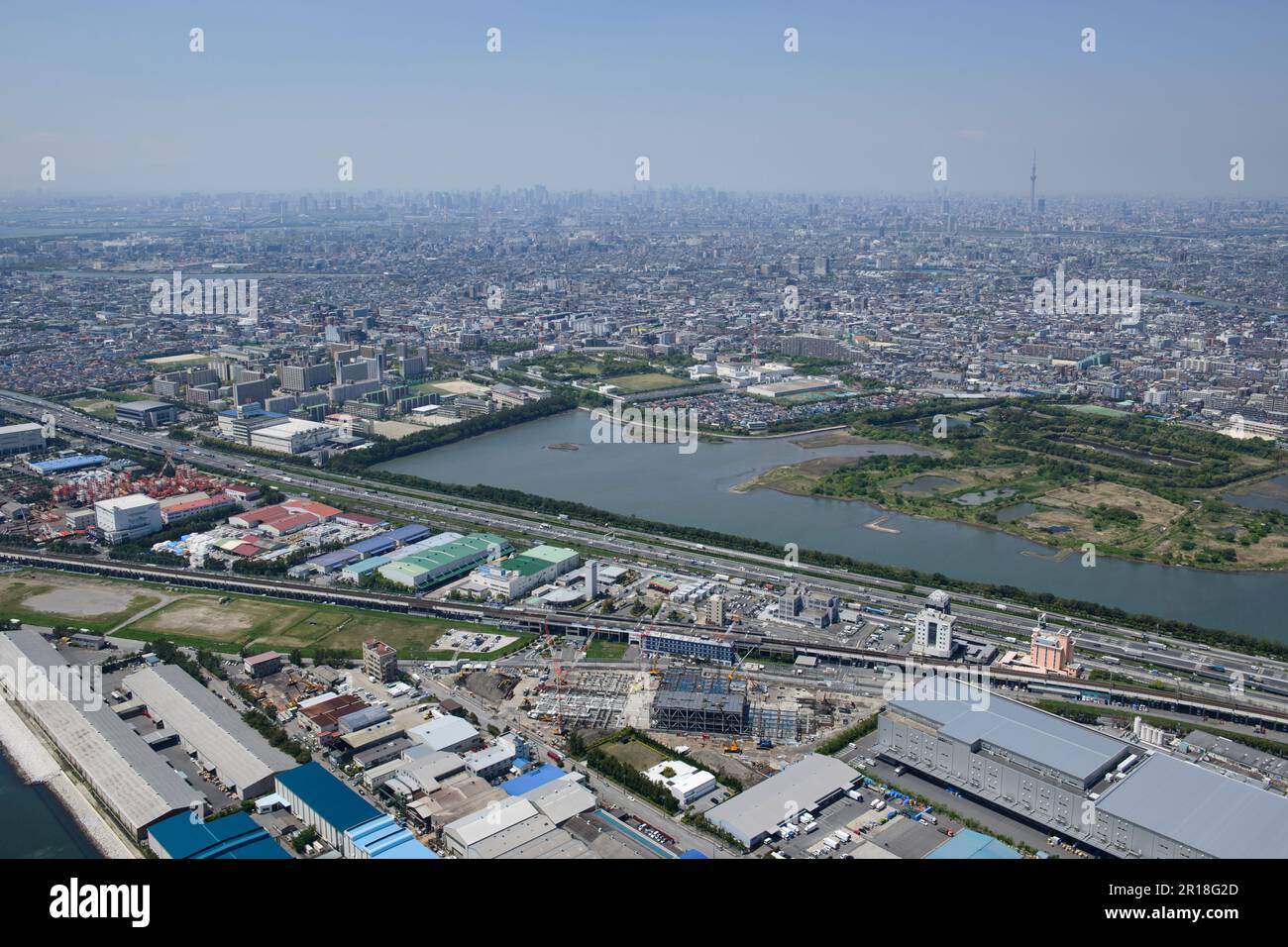 Ichikawa shiohama aerial shot view from the East side towards downtown ...